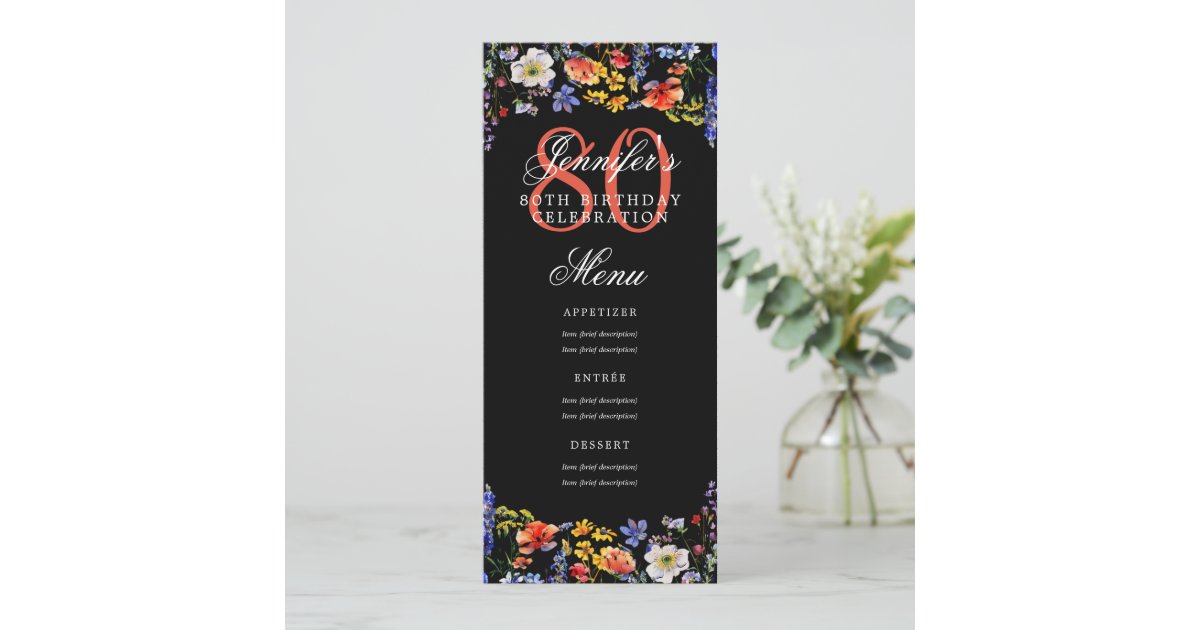 Elegant Floral 80th Birthday Party Menu Black Invitation | Zazzle