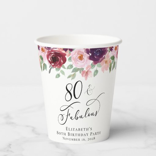Elegant Floral 80th Birthday Party Paper Cups | Zazzle