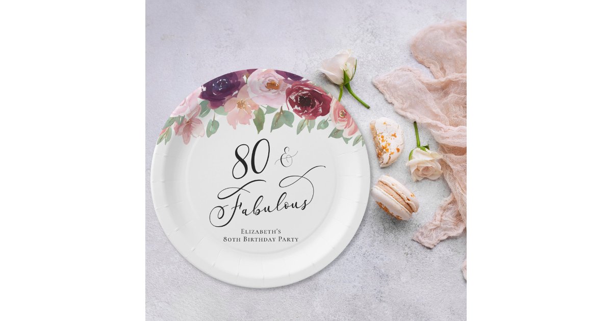 Elegant Floral 80th Birthday Party Paper Plates | Zazzle