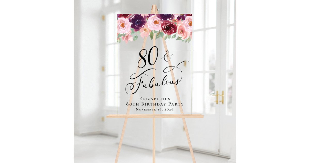 Elegant Floral 80th Birthday Party Welcome Clear Acrylic Sign | Zazzle