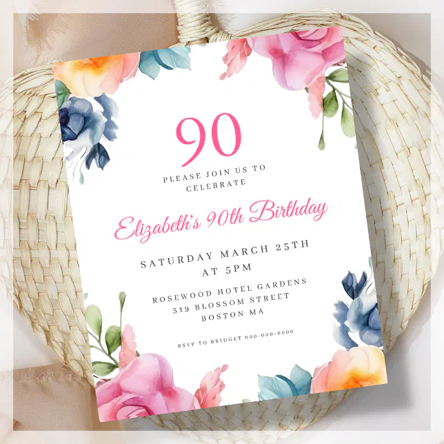 Elegant Floral 90th Birthday Budget Invitation | Zazzle