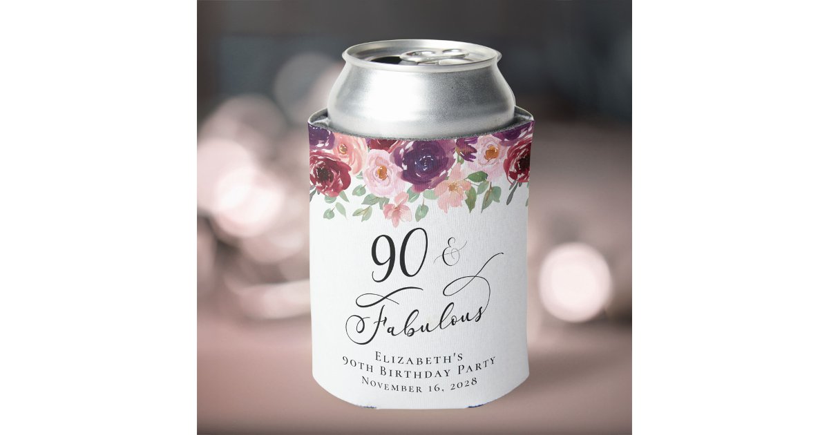Elegant Floral 90th Birthday Party Can Cooler | Zazzle