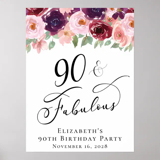 Elegant Floral 90th Birthday Party Poster | Zazzle