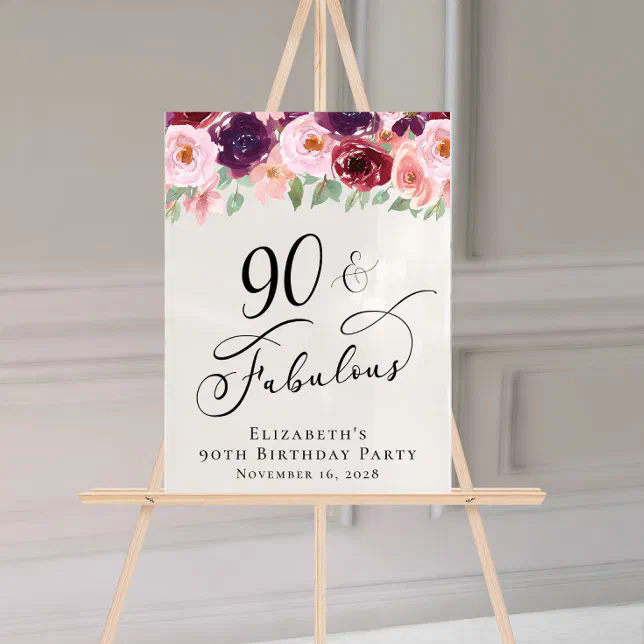 Elegant Floral 90th Birthday Party Welcome Acrylic Sign | Zazzle