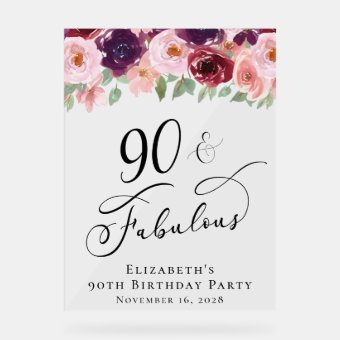 Elegant Floral 90th Birthday Party Welcome Clear Acrylic Sign | Zazzle