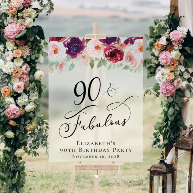 Elegant Floral 90th Birthday Party Welcome Frosted Acrylic Sign | Zazzle