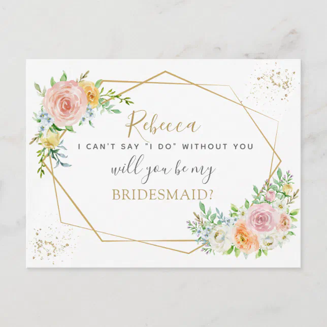 Elegant Floral and gold BRIDESMAID proposal Invitation Postcard | Zazzle