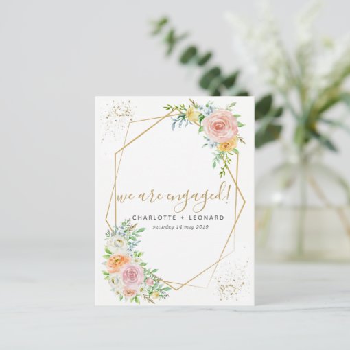 Elegant Floral and gold engagement postcard | Zazzle