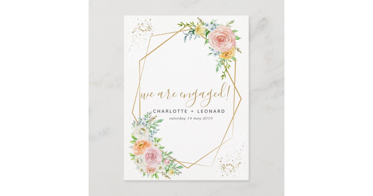 Elegant Floral and gold engagement postcard | Zazzle