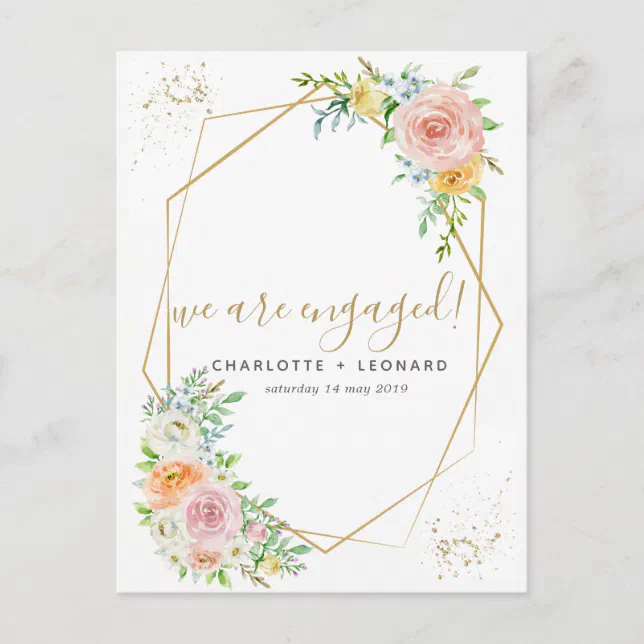Elegant Floral and gold engagement postcard | Zazzle