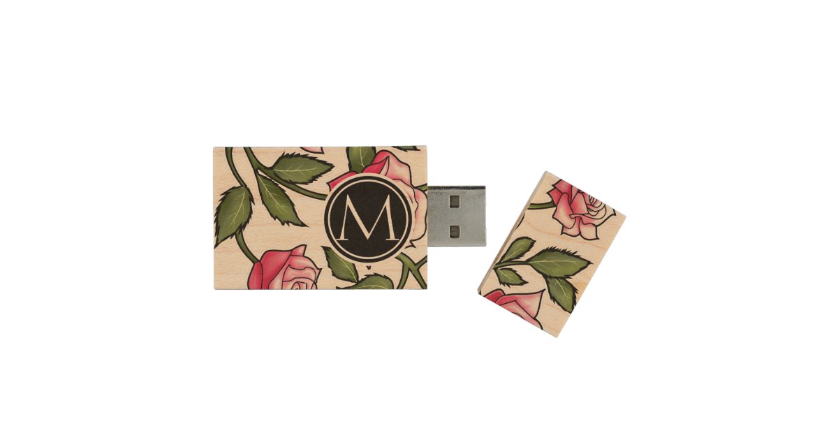 Elegant Floral and Monogram Wood USB Flash Drive | Zazzle