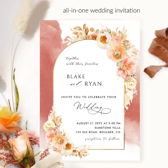 Elegant Floral Arch Peach Blush and Rust Wedding Invitation | Zazzle