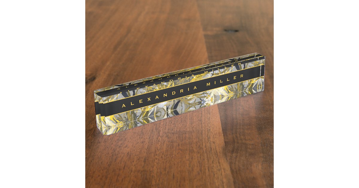 Elegant Floral | Artistic Abstract Black & Yellow Desk Name Plate | Zazzle