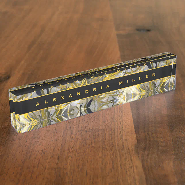 Elegant Floral | Artistic Abstract Black & Yellow Desk Name Plate | Zazzle