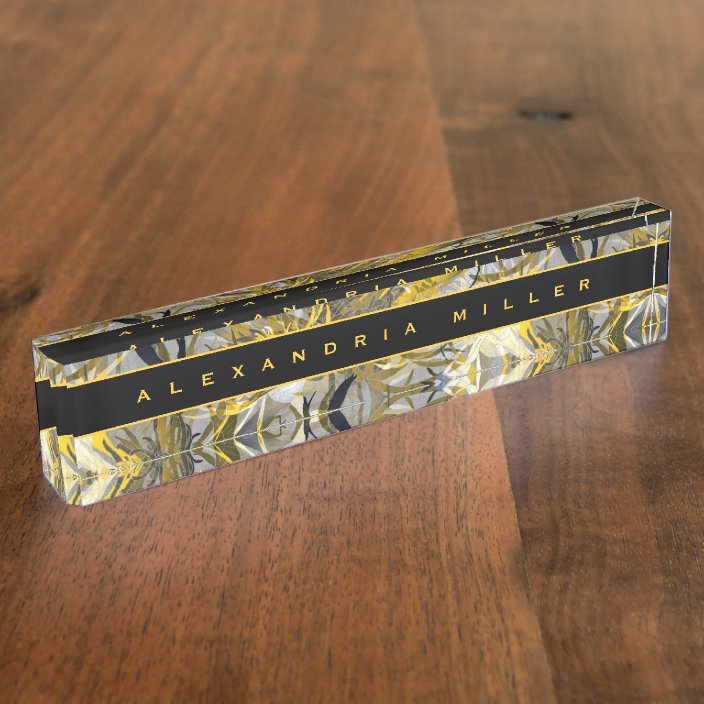 Elegant Floral | Artistic Abstract Black & Yellow Desk Name Plate ...