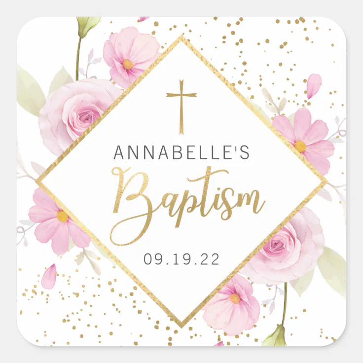 Elegant Floral Baptism Square Sticker | Zazzle