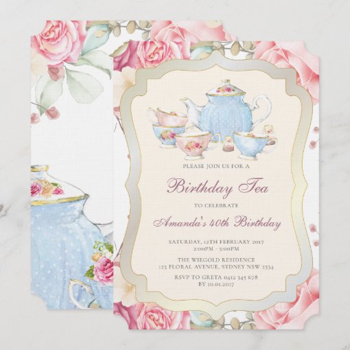 Elegant Floral Birthday Tea Party Invitation | Zazzle