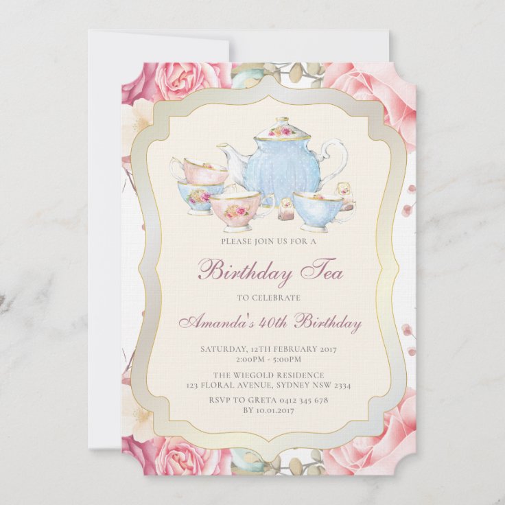 Elegant Floral Birthday Tea Party Invitation | Zazzle