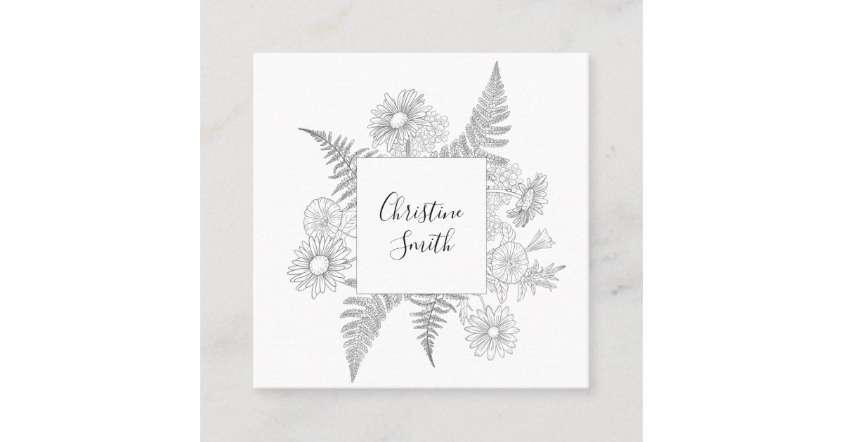 Elegant Floral Black And White Flowers Square Business Card | Zazzle