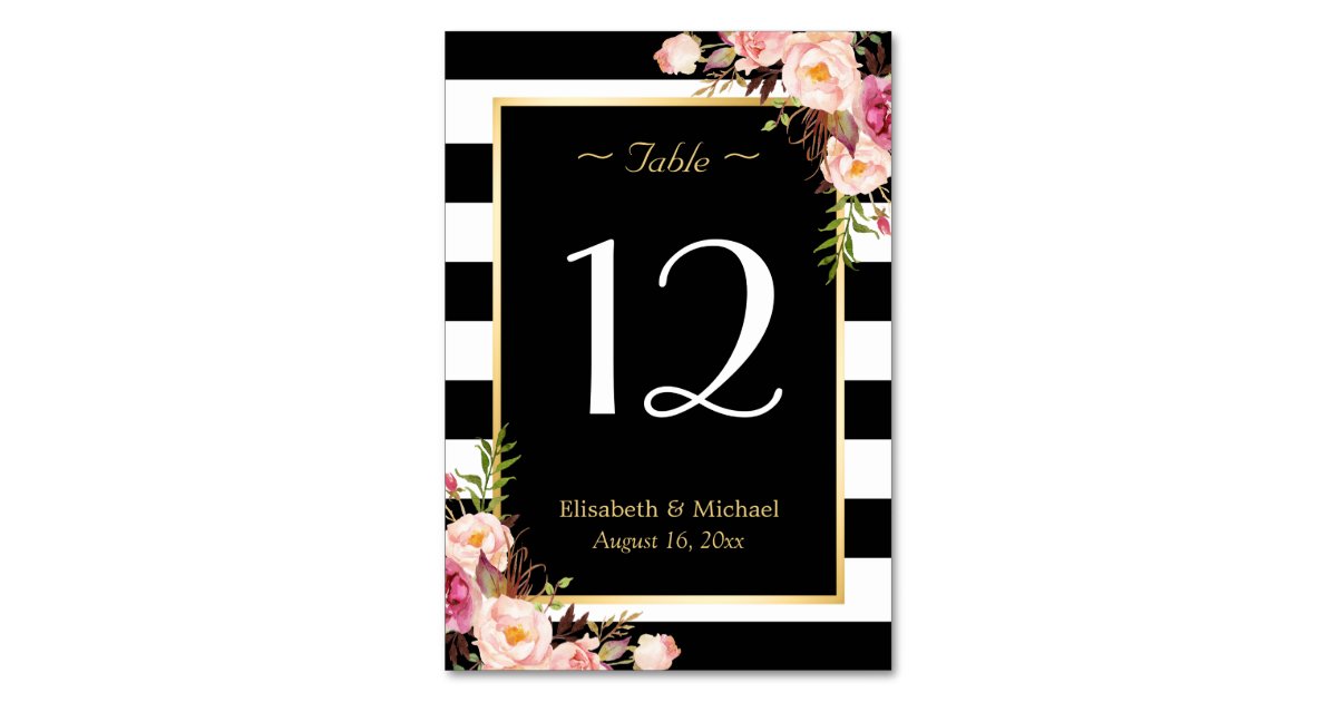 Elegant Floral Black Stripes Wedding Table Number | Zazzle