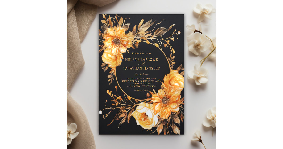 Elegant Floral Black Wedding Invitation | Zazzle