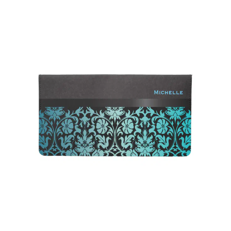 Elegant Floral Blue and Black Damask Checkbook Cover | Zazzle