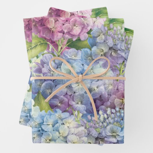 Elegant Floral Blue and Pink Hydrangea Pattern Wrapping Paper Sheets ...