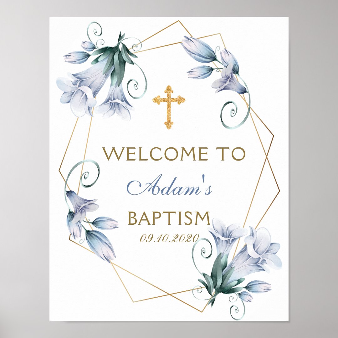 Elegant Floral Blue Boy Baptism Welcome Poster | Zazzle