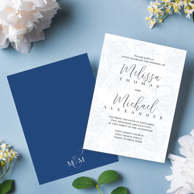 Elegant Floral Blue Calligraphy Script Rose Invitation | Zazzle