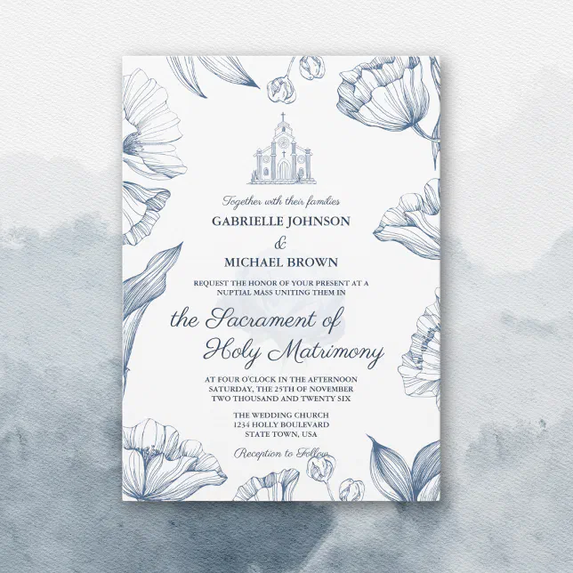 Elegant Floral Blue Church Nuptial Mass Wedding Invitation | Zazzle