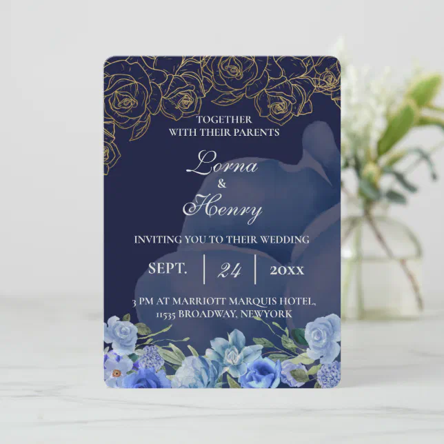 Elegant floral blue flowers Midnight blue wedding Invitation | Zazzle