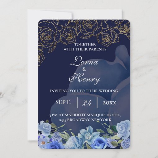 Elegant floral blue flowers Midnight blue wedding Invitation | Zazzle