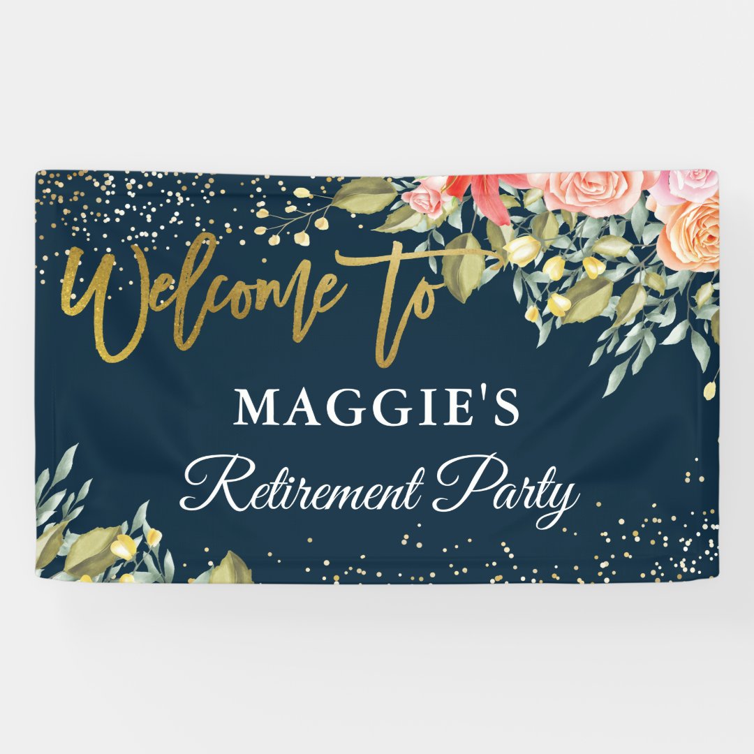 Elegant Floral Blue Gold Retirement Party Banner | Zazzle