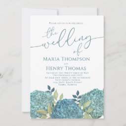 Elegant Floral Blue Hydrangea Foliage Calligraphy Invitation | Zazzle