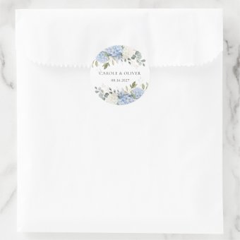 Elegant Floral Blue Hydrangea Greenery Wedding Classic Round Sticker ...