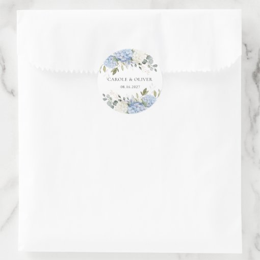 Elegant Floral Blue Hydrangea Greenery Wedding Classic Round Sticker ...
