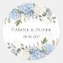 Elegant Floral Blue Hydrangea Greenery Wedding Classic Round Sticker ...
