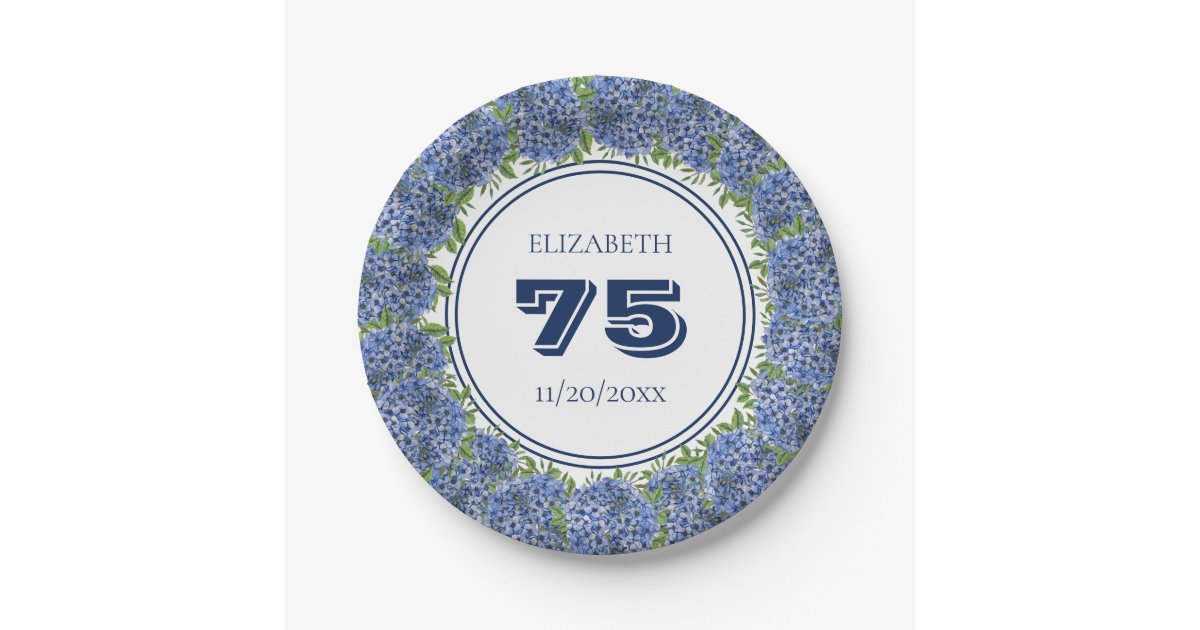 Elegant Floral Blue Hydrangeas 75th Birthday Party Paper Plates | Zazzle