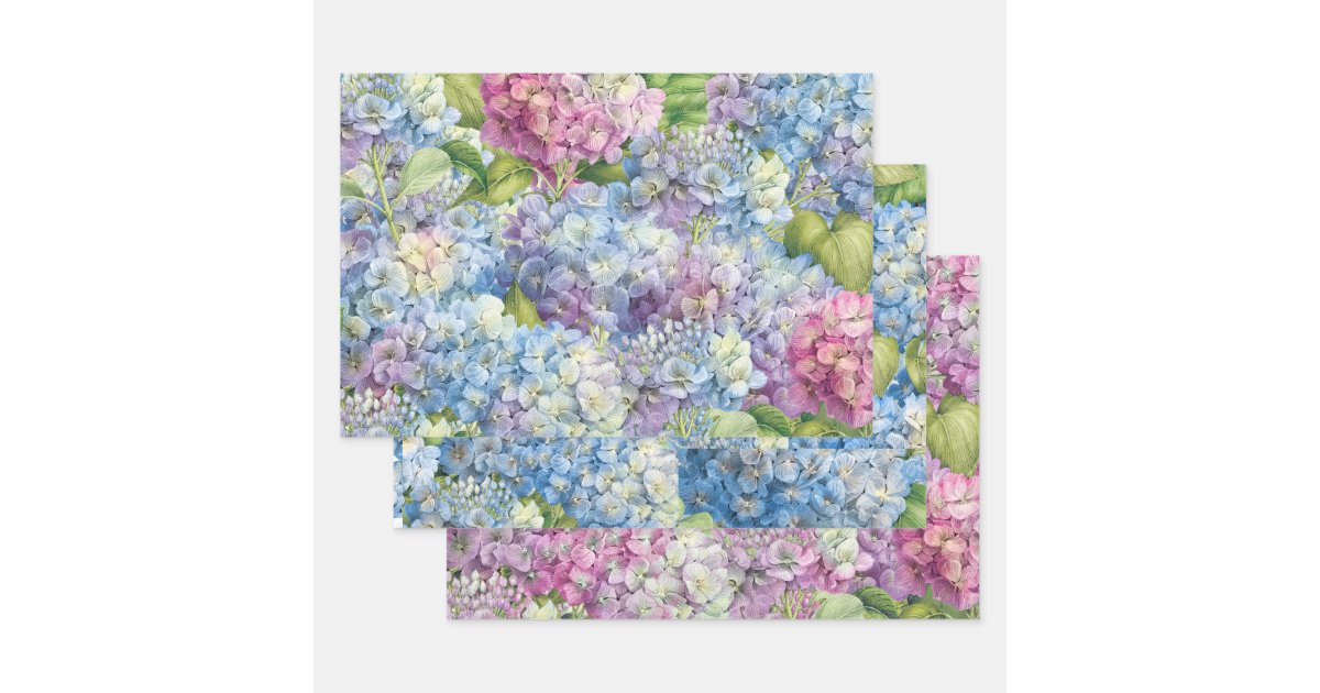Elegant Floral Blue Pink Hydrangea Pattern Wrapping Paper Sheets | Zazzle
