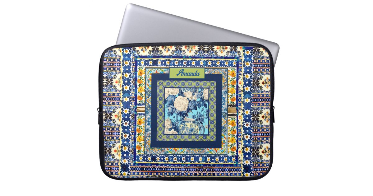 Elegant floral blue tile chinoiserie monogram note laptop sleeve | Zazzle