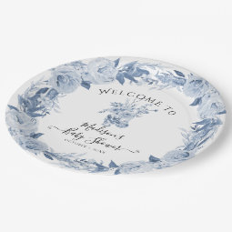 Elegant Floral Blue White Welcome Baby Girl Shower Paper Plates | Zazzle