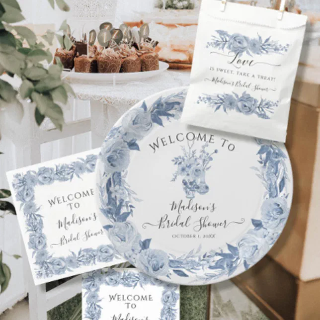 Elegant Floral Blue White Welcome Bridal Shower Paper Plates | Zazzle