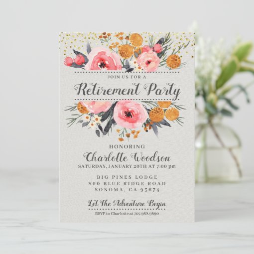 Elegant Floral Blush Pink Gold Retirement Party In Invitation | Zazzle