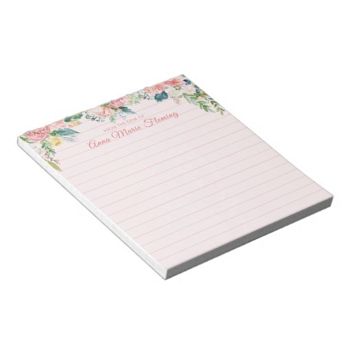 Elegant Floral Blush Pink Name Lined Notepad | Zazzle