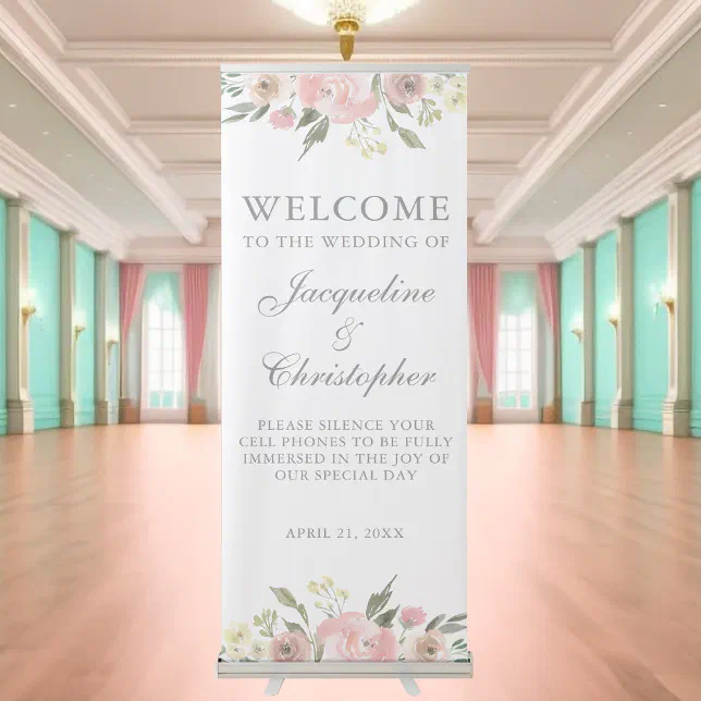Elegant Floral Blush Pink Spring Wedding Welcome Retractable Banner ...