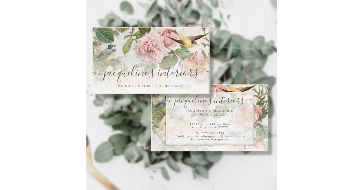 Elegant Floral Blush Pink Vintage Birds Roses Busi Business Card | Zazzle