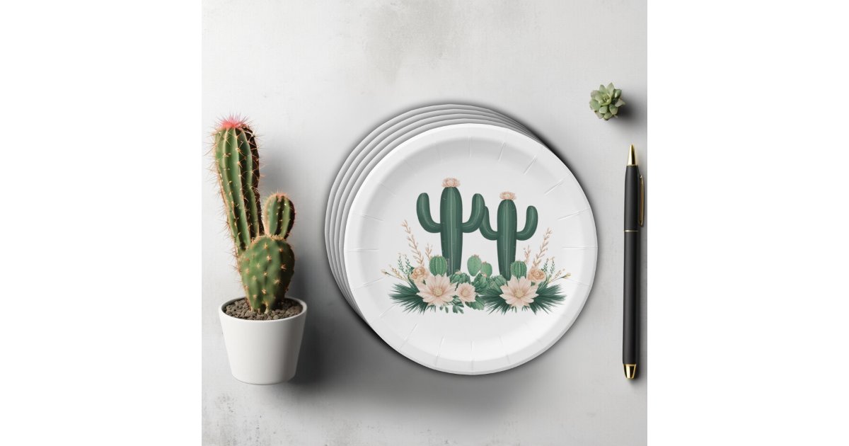 Elegant Floral Boho Modern Cactus Baby Shower Paper Plates | Zazzle