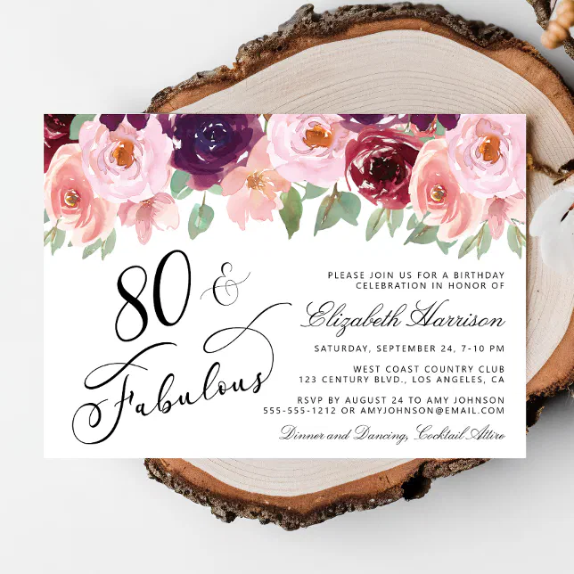 Elegant Floral Burgundy Pink 80th Birthday Party Invitation | Zazzle
