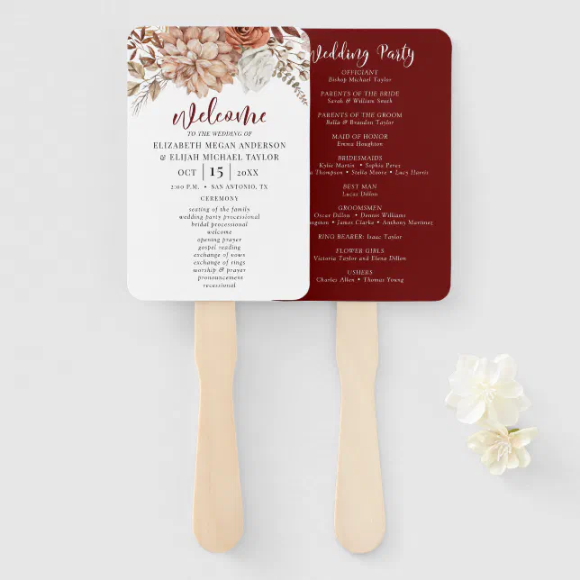 Elegant Floral Burgundy Wedding Program Hand Fan | Zazzle