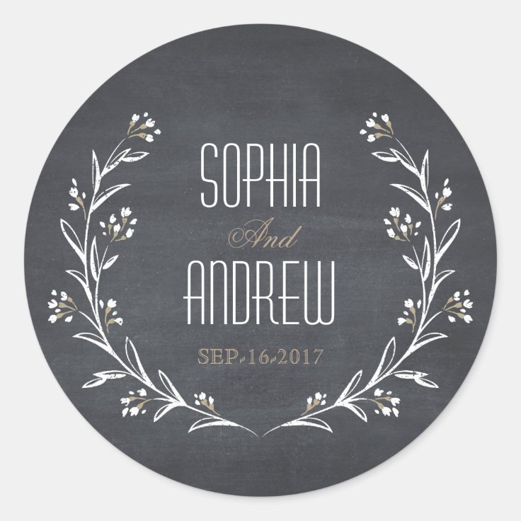 Elegant floral chalkboard rustic wedding monogram classic round sticker ...